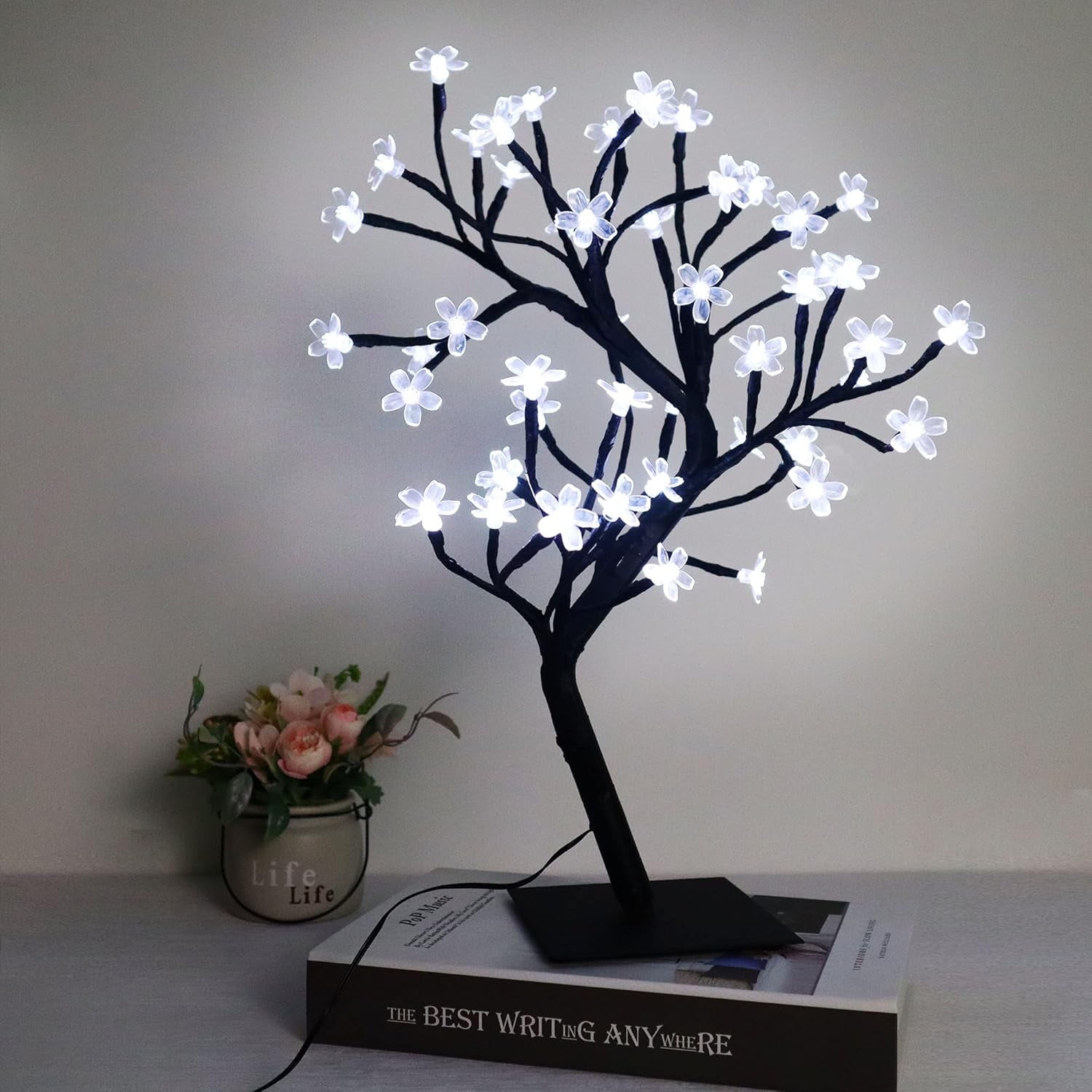 48 LED Lighted Tabletop Bonsai Cherry Blossom Tree Light, Artificial ...