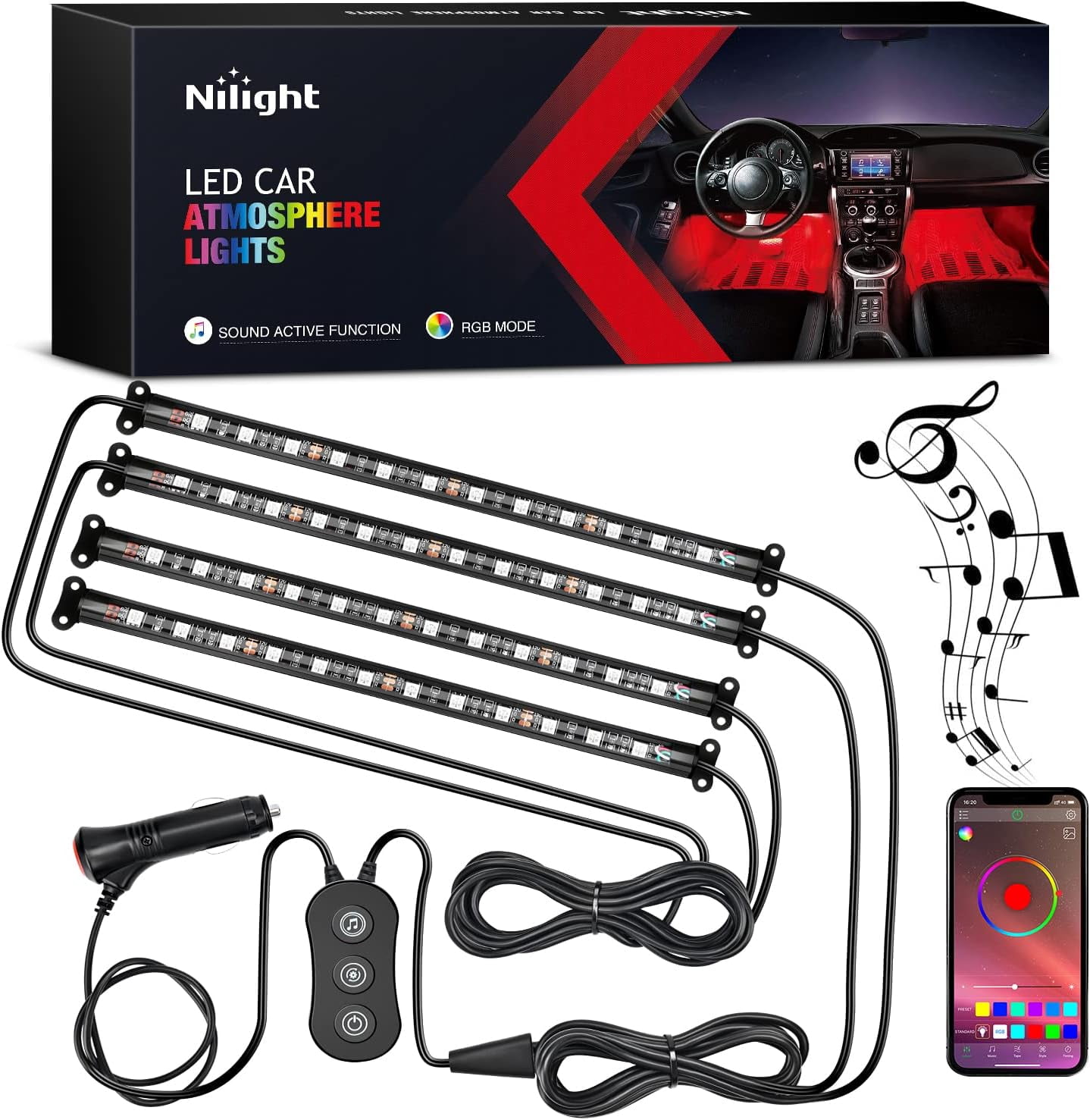 48 LEDs DC 5V Multicolor Music Car Strip Light Under Dash Lighting Kit ...