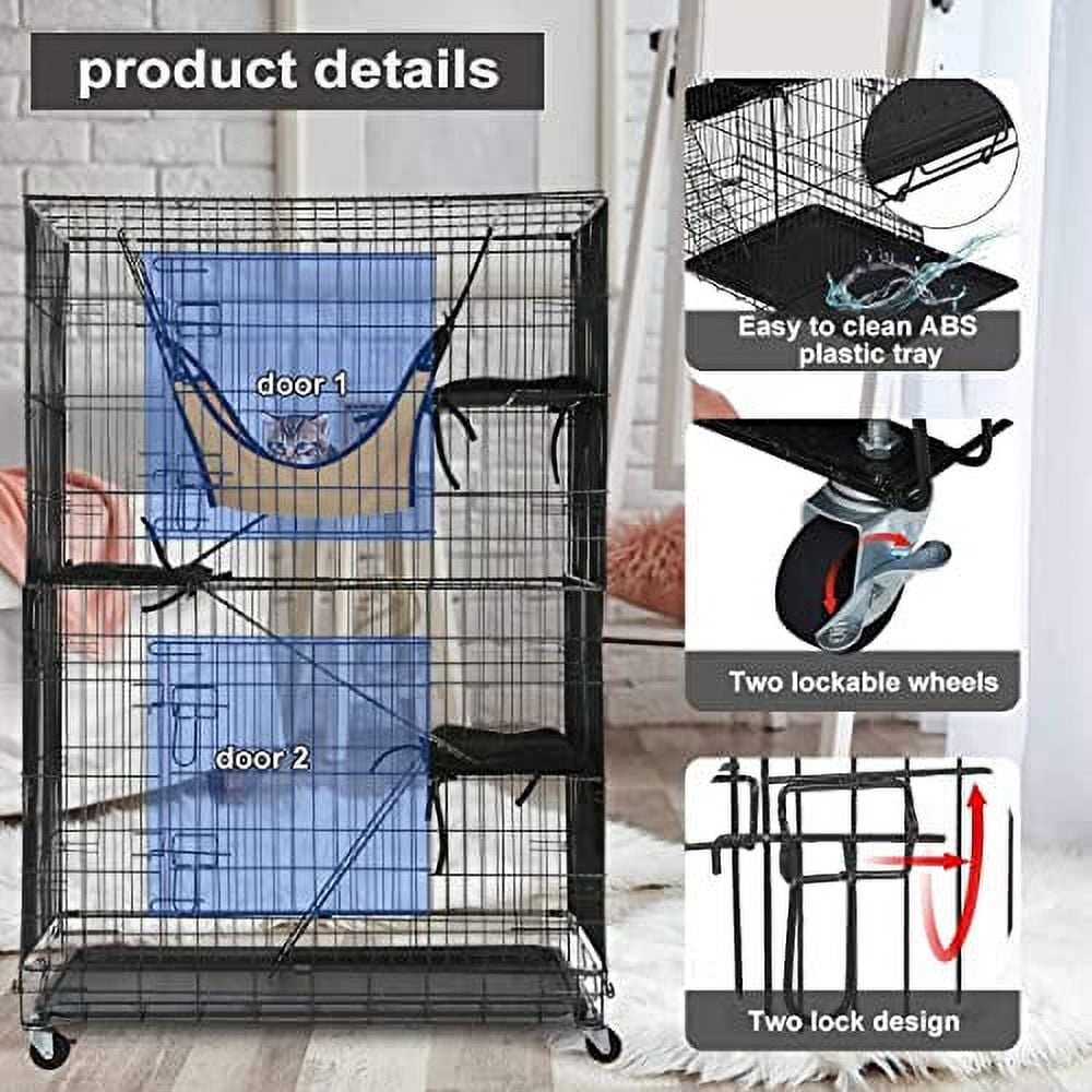 48'' Large Cat Cage with Wheels, Collapsible Large 3-Tier Metal Cat ...