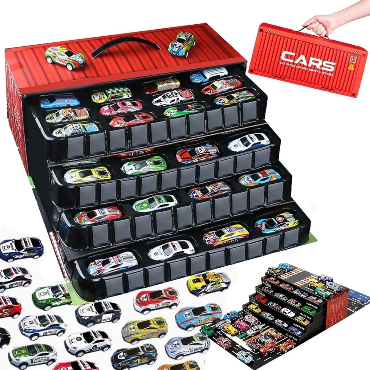 48 Mini Pull-Back Cars with Built-in Garage Set, Metal Alloy Racing Car ...