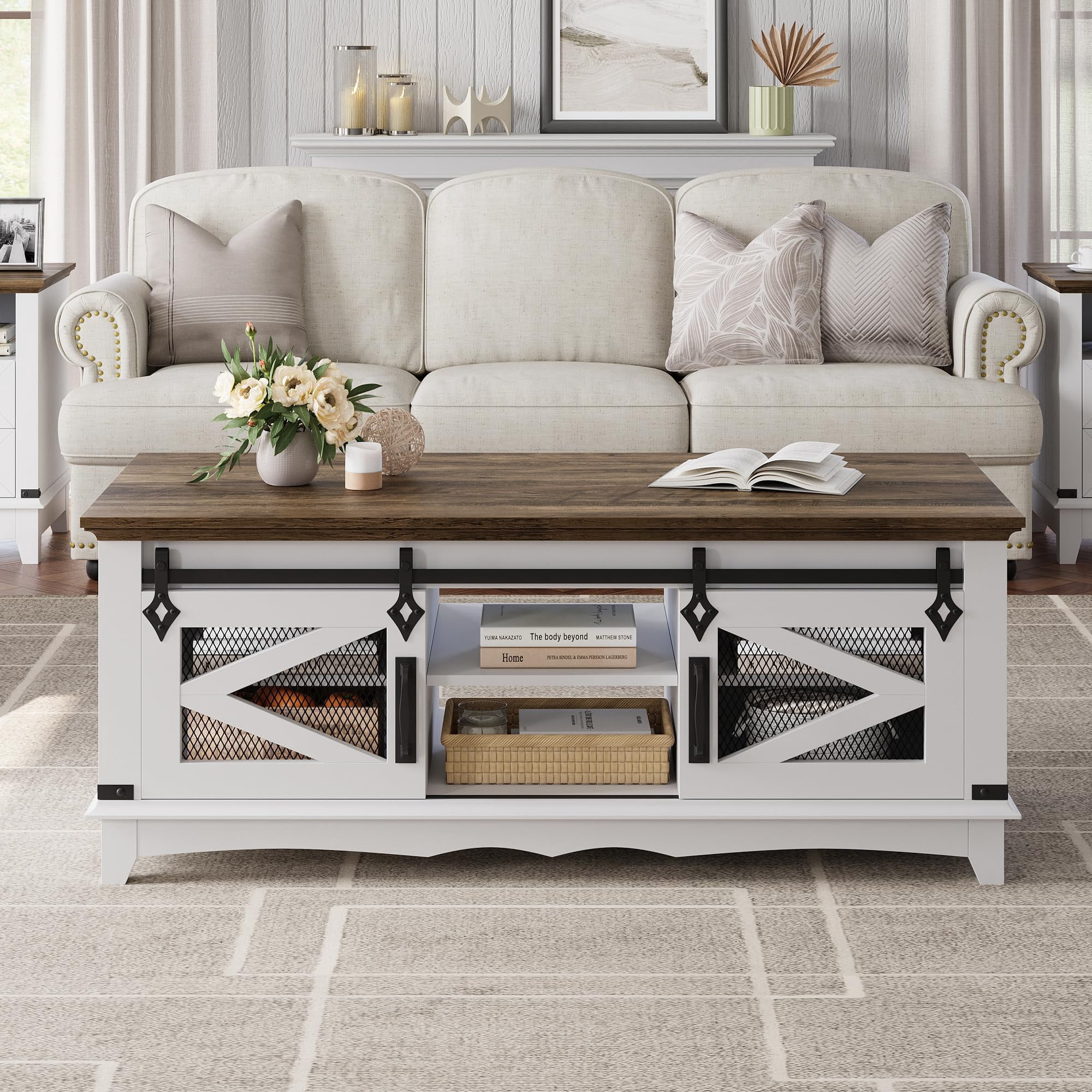 48" Modern Farmhouse Coffee Table with Adjustable Storage Cabinets ...