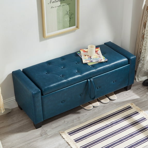 48" Ottoman Bench with Storage, Entryway Bench with Convenient Rope, PU ...