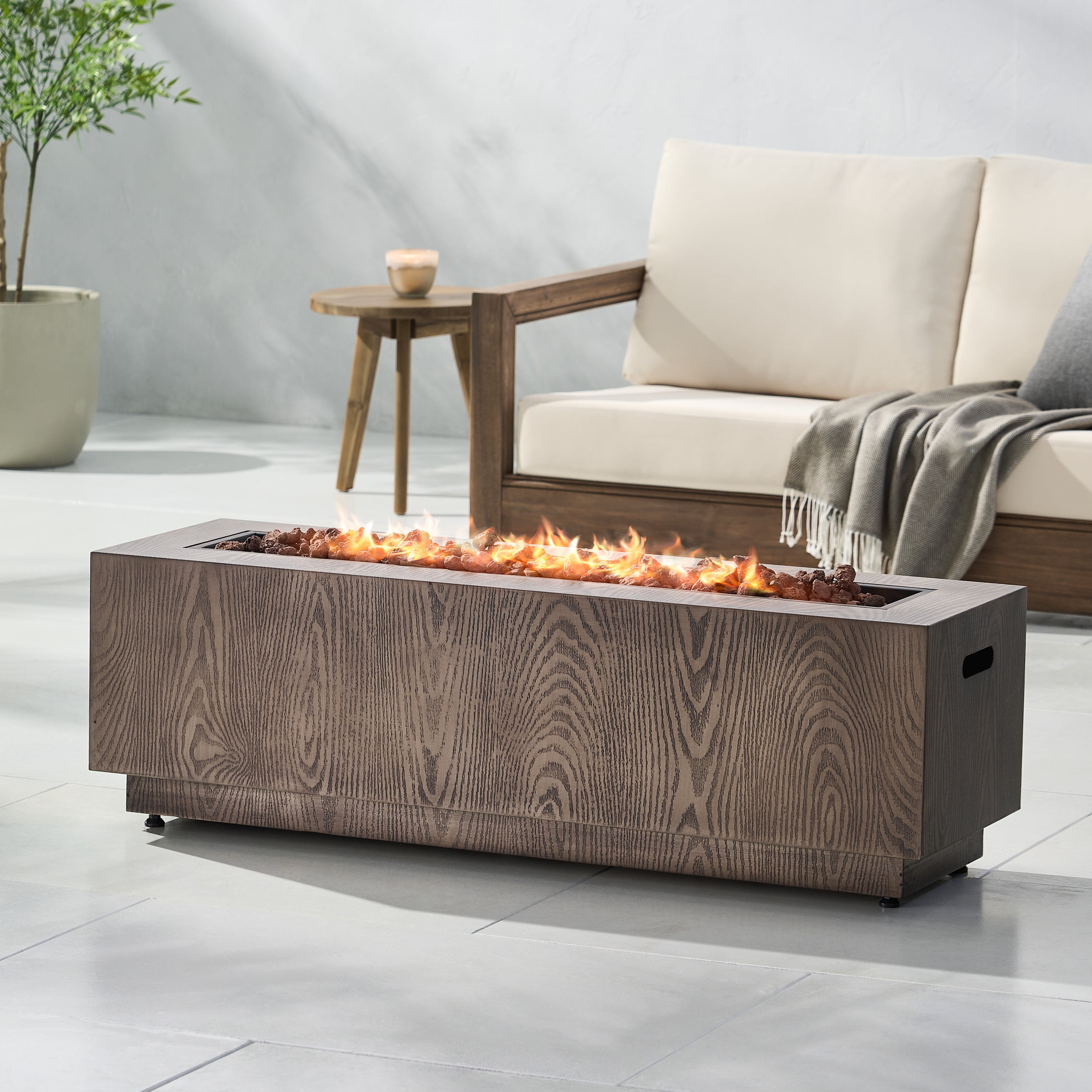 48" Outdoor 50,000 BTU Rectangular Iron Propane Fire Pit, Brown Wood ...