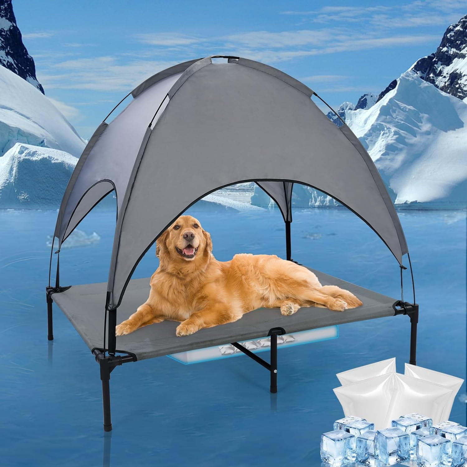 48'' Outdoor Elevated Dog Bed with Canopy, Raised Dogs Bed with Six ...