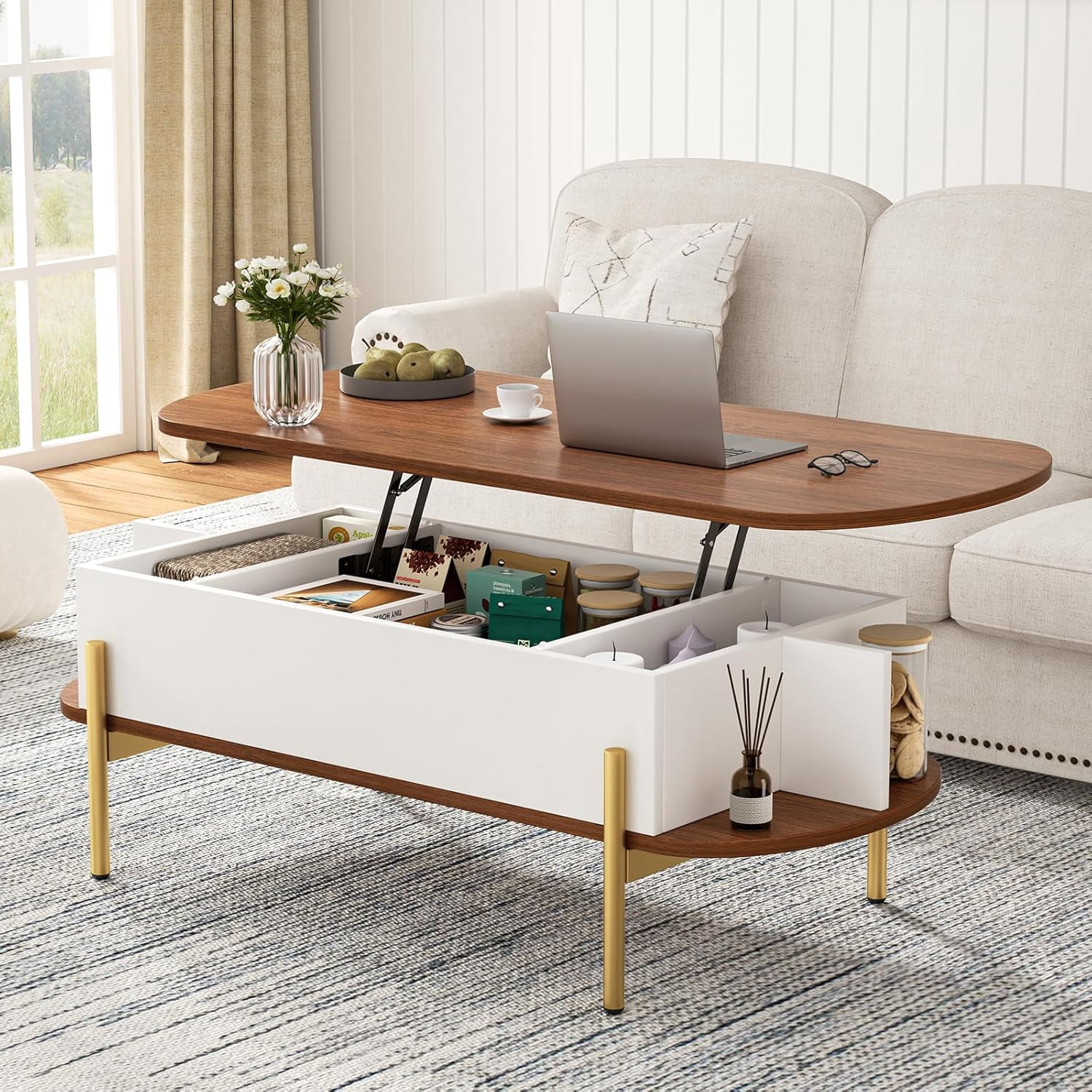 48" Oval Lift Coffee Table with Storage Metal Legs & Large Hidden ...