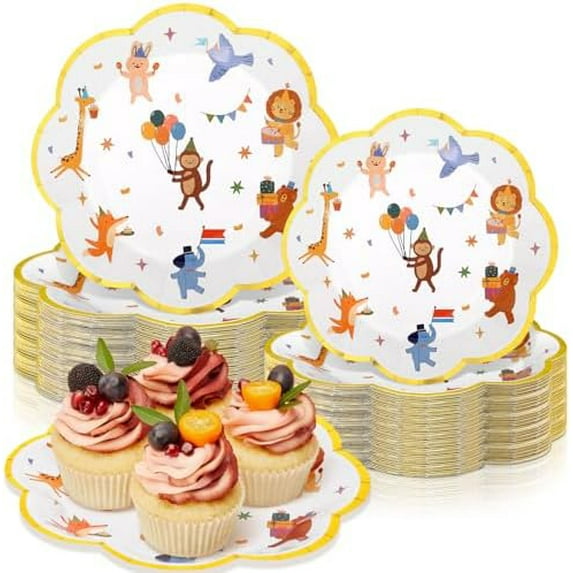 48 PCS Animal Parade Party Plates Disposable Paper Plates Scalloped 7 ...