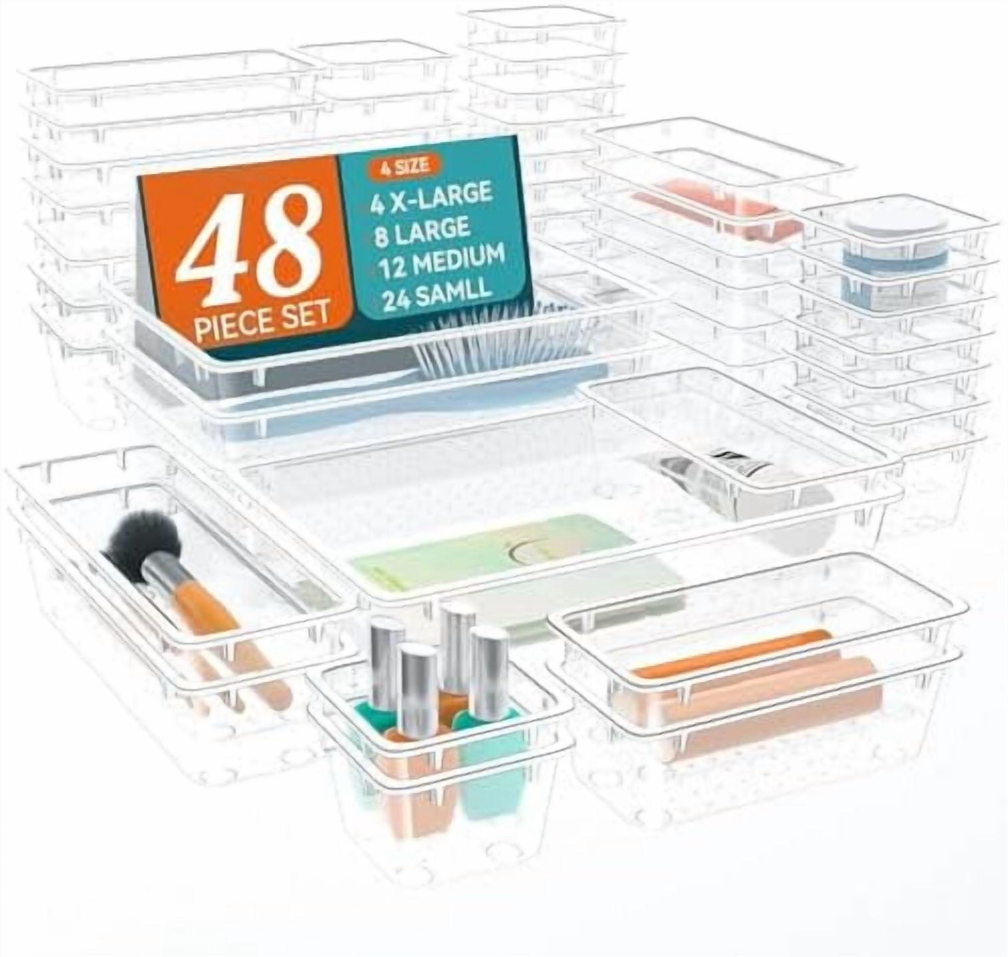48 PCS Drawer Organizer Set, 4 Sizes Tool Storage Trays, Clear Plastic ...