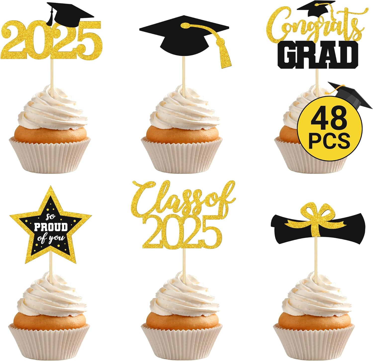 48 PCS Graduation Cupcake Toppers 2025, 6 Style Black and Gold ...