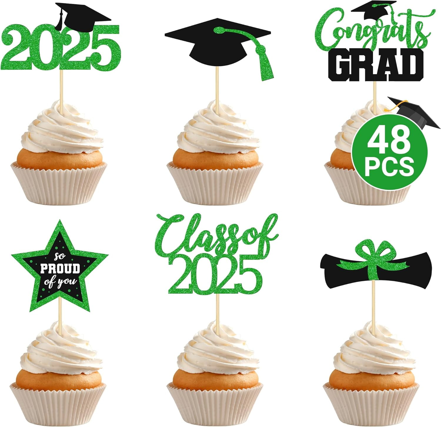 48 PCS Graduation Cupcake Toppers 2025, 6 Style Black and Gold ...