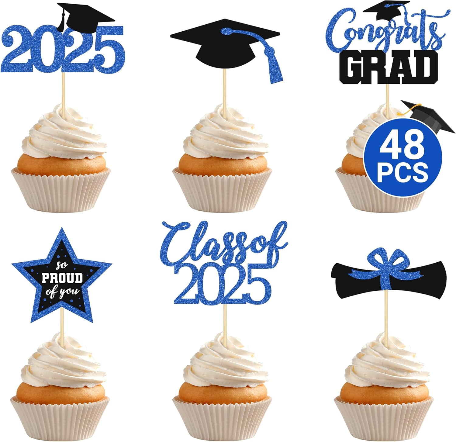 48 PCS Graduation Cupcake Toppers 2025, 6 Style Black and Gold ...