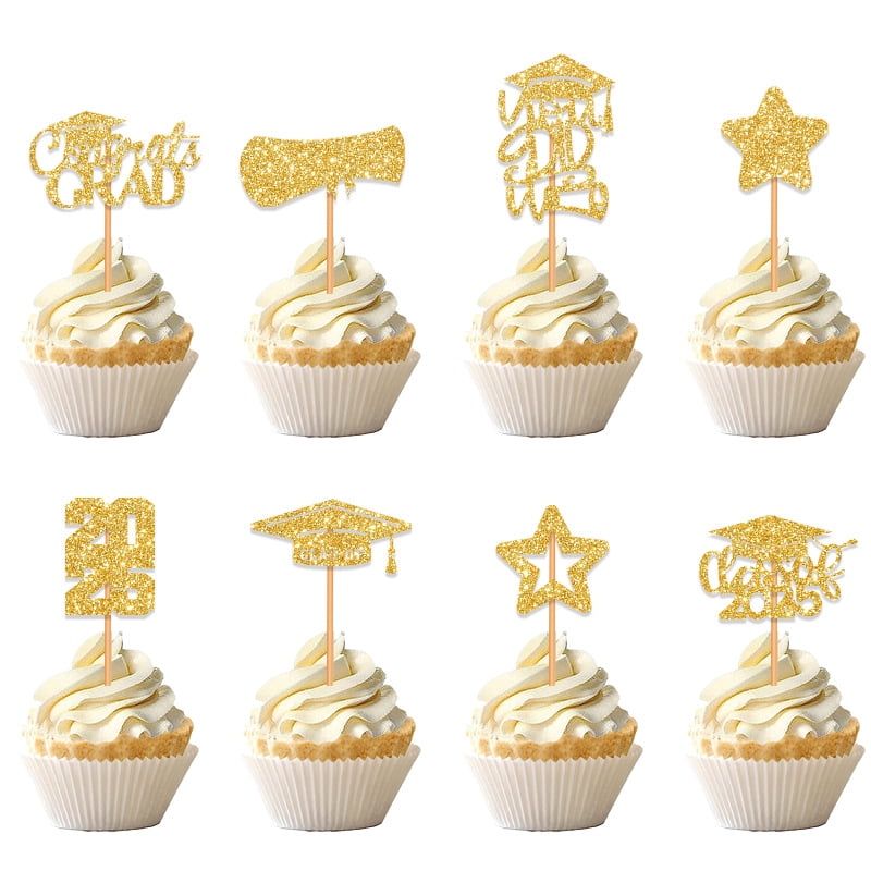 48 PCS Graduation Cupcake Toppers 2025, 6 Style Black and Gold ...