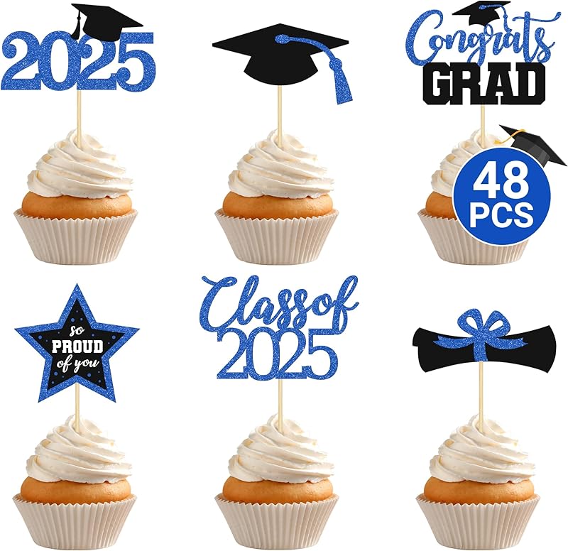 48 PCS Graduation Cupcake Toppers 2025, 6 Style Black and Gold ...