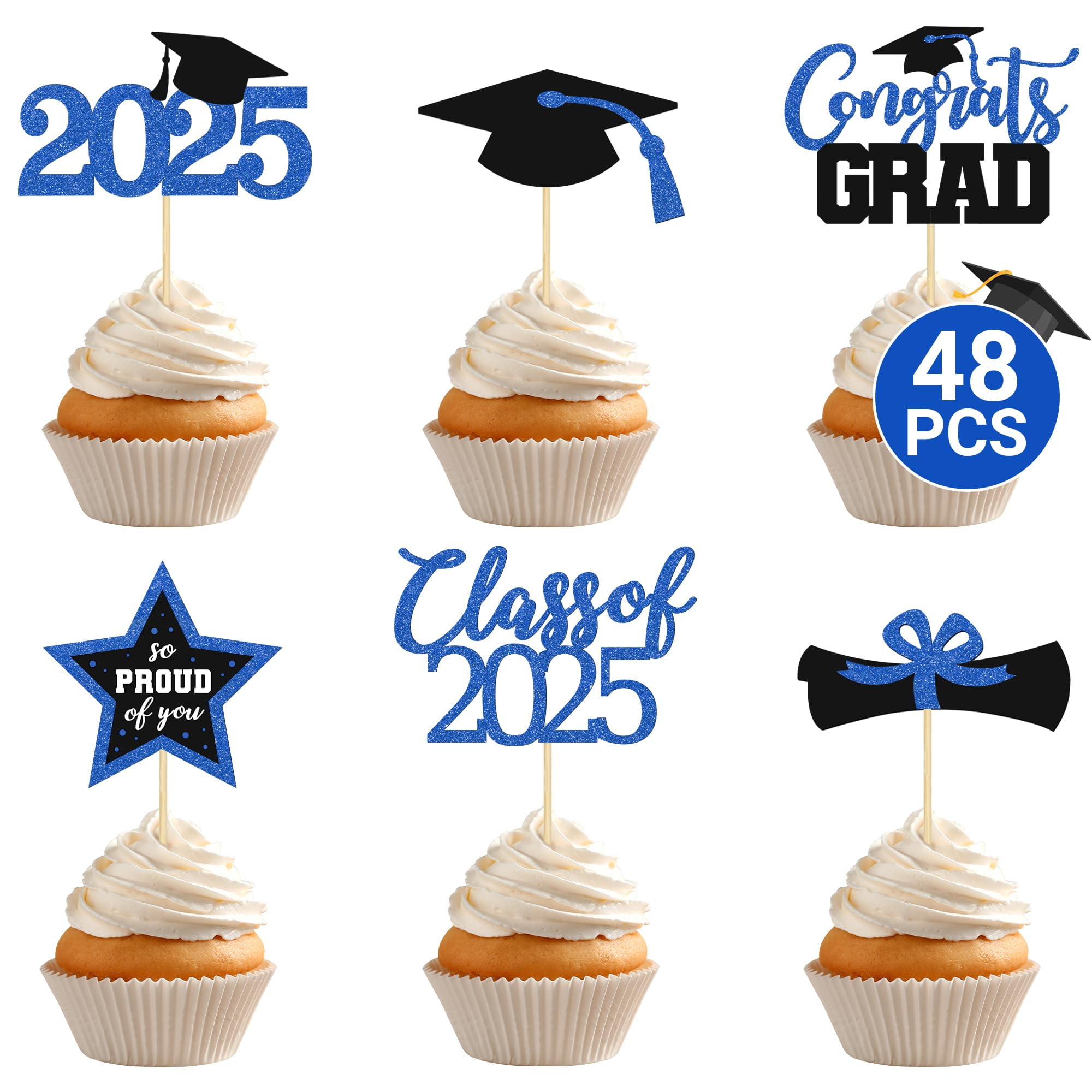 48 PCS Graduation Cupcake Toppers 2025, RST1 6 Style Black and Blue ...