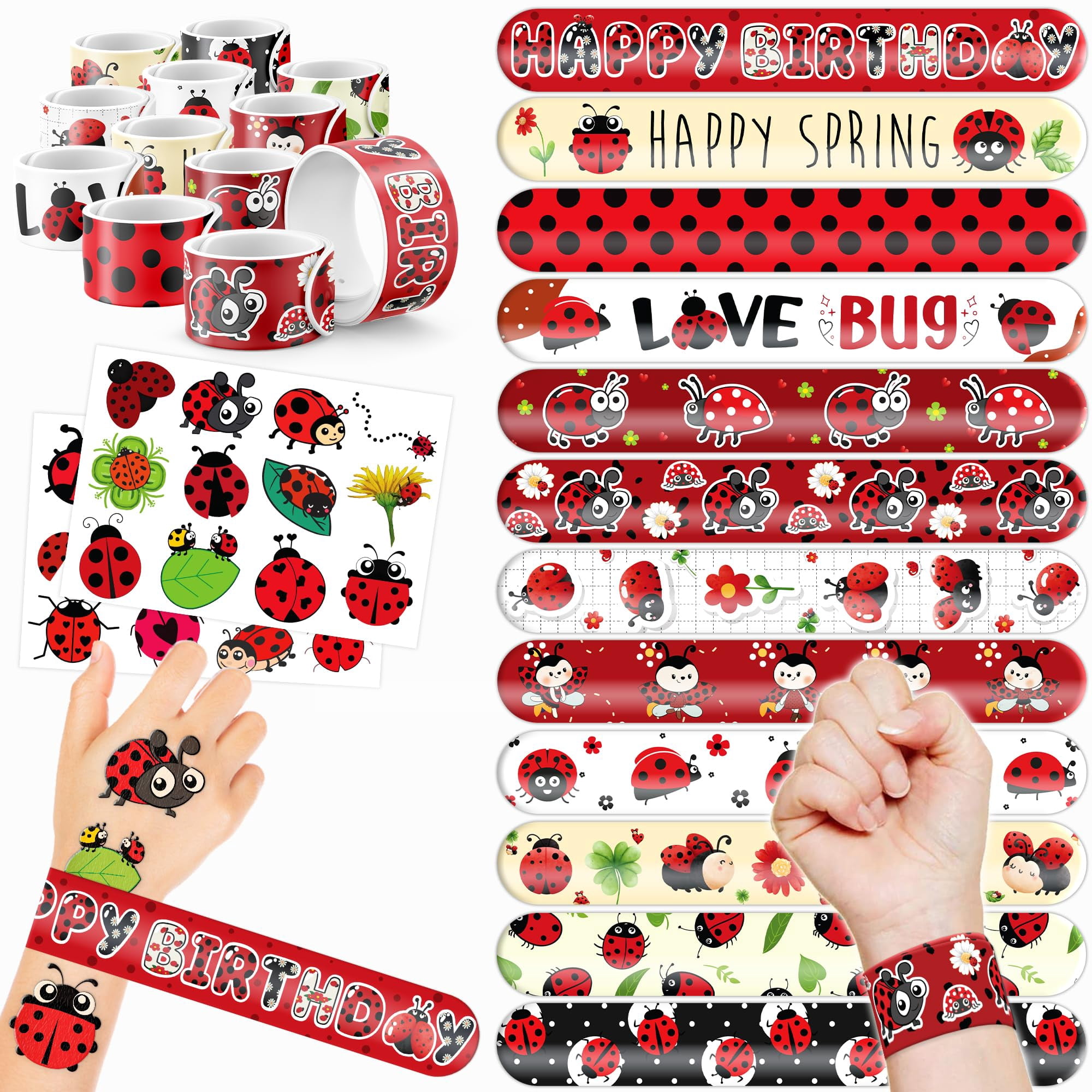 48 PCS Ladybug Party Set: 24 PCS Temporary Tattoos & 24 PCS Slap ...