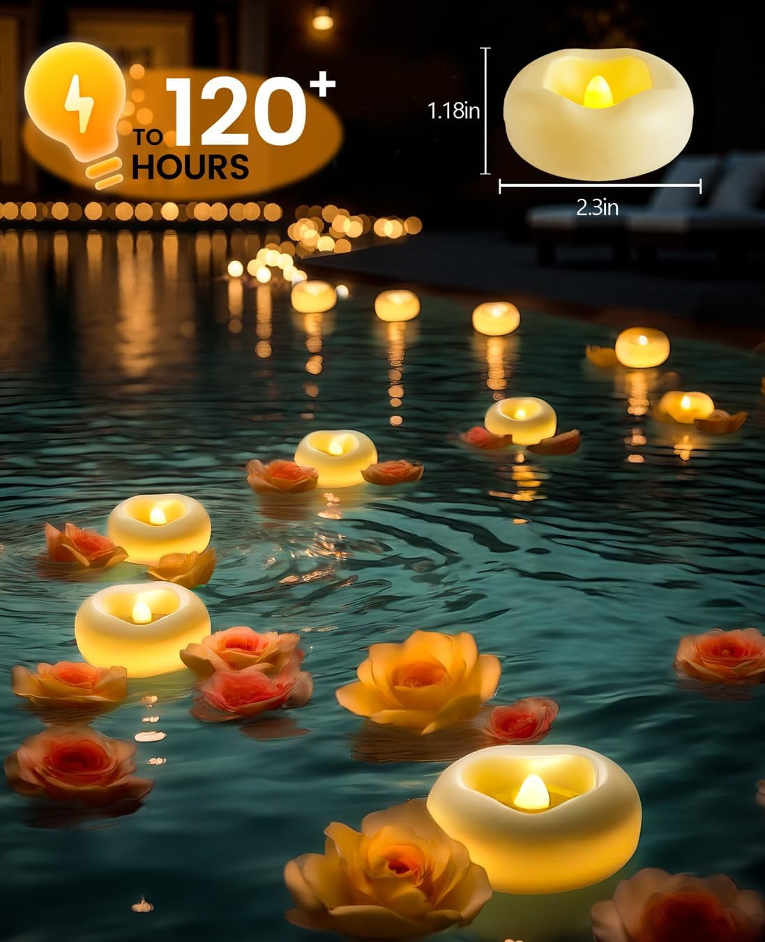 48-Pack 2” Floating Candle, 200 Hour Water Activated Warm White Battery ...