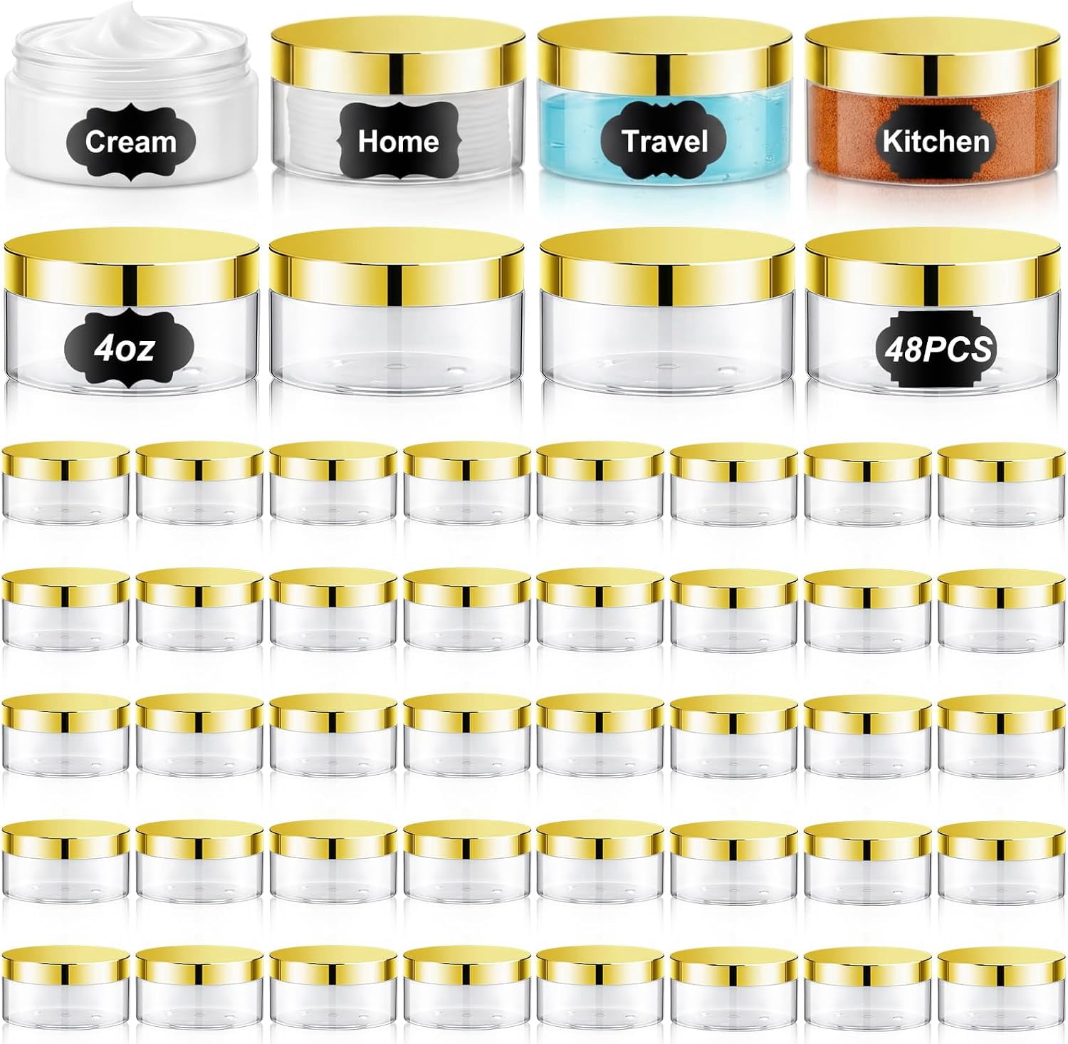 48 Pack 4 oz Clear Plastic Jars with Leakproof Lids & 48 Waterproof ...