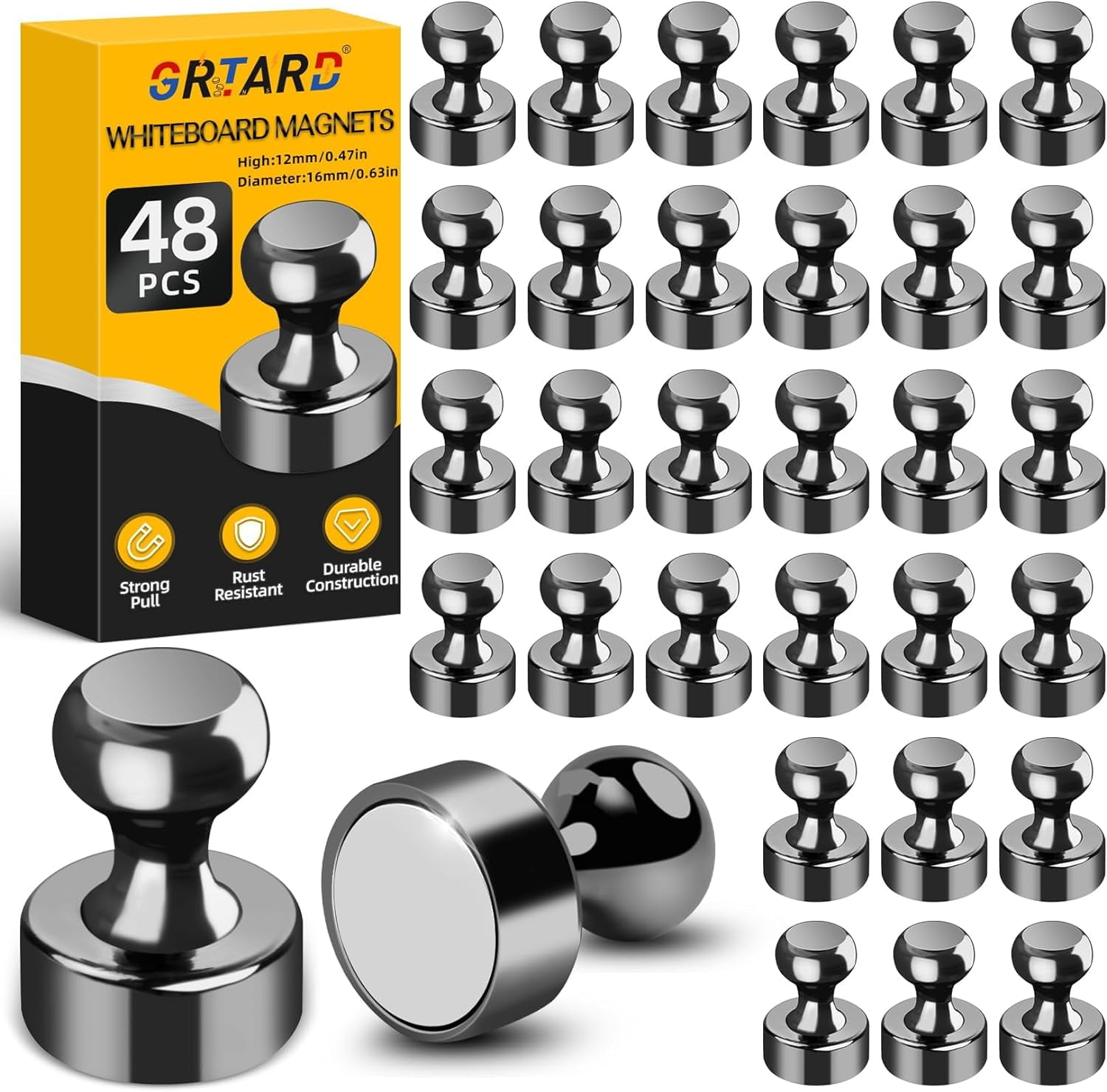 48 Pack Black Magnetic Push Pins, Fridge Magnets for Whiteboard ...