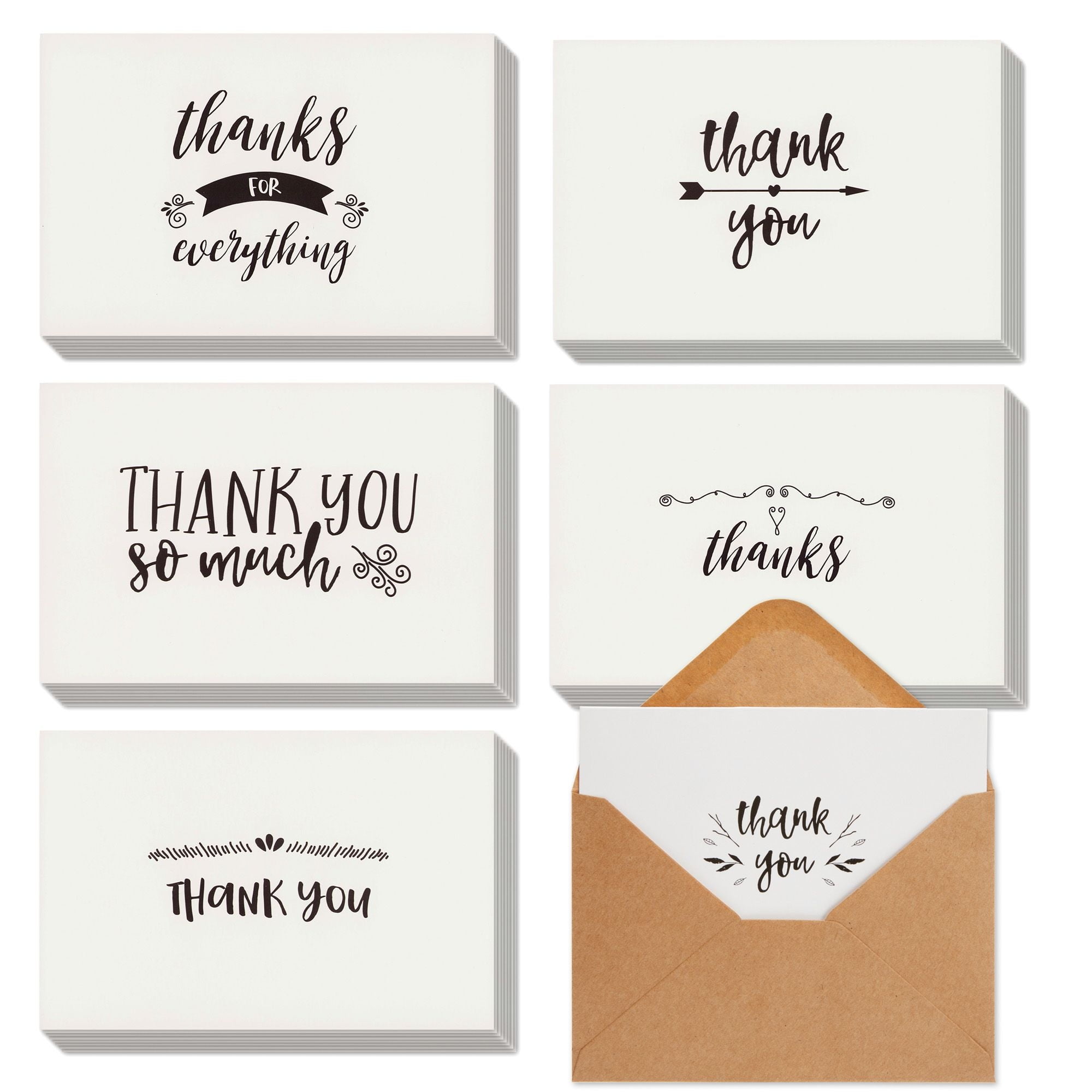 48-Pack Black and White Thank You Cards with Kraft Paper Envelopes for ...