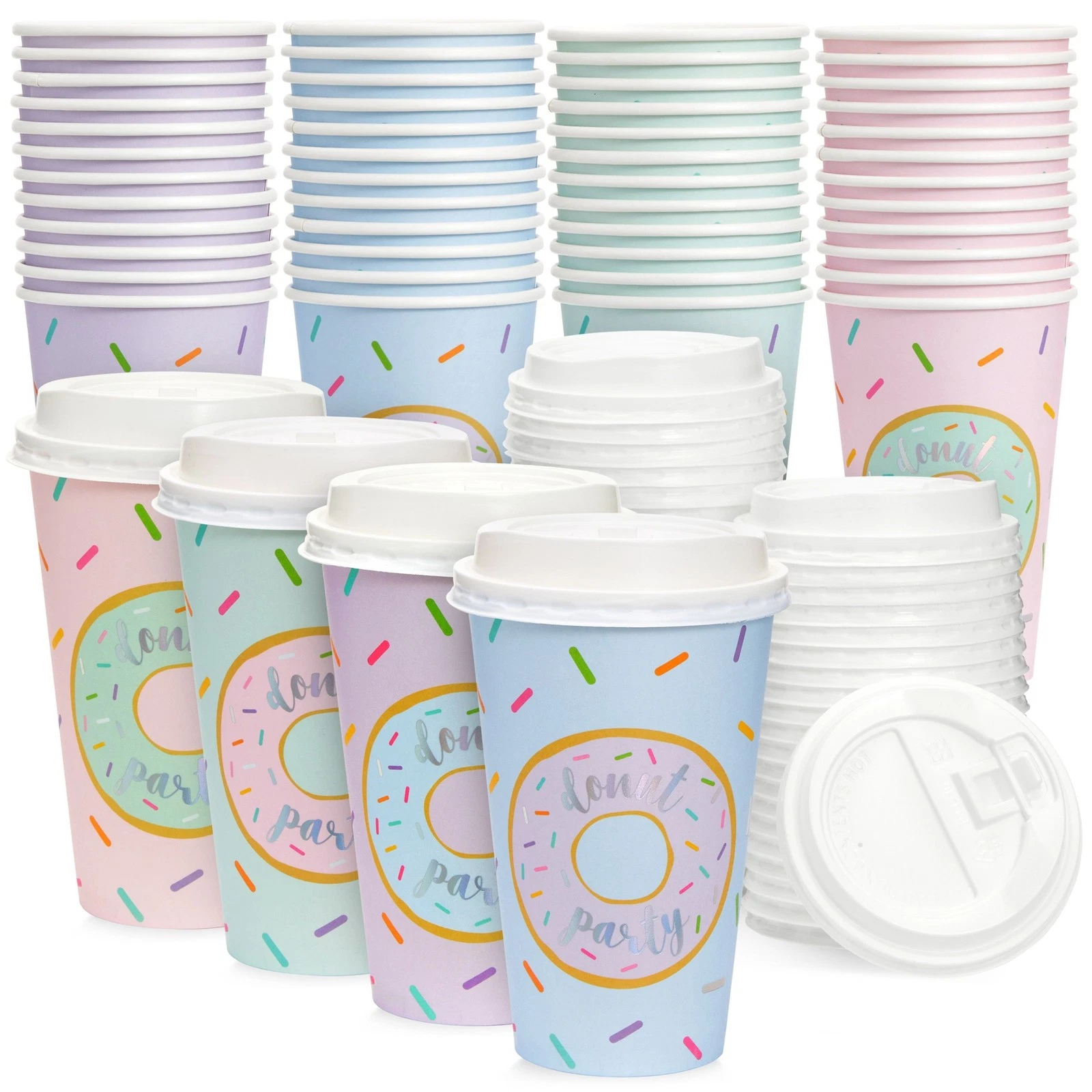48 Pack Disposable Coffee Cups With Lids 16 oz 4 Pastel Designs ...