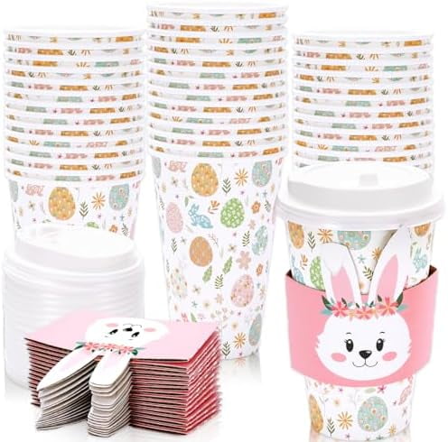 48 Pack Easter Disposable Coffee Cups with Lids and Sleeves Easter Egg ...