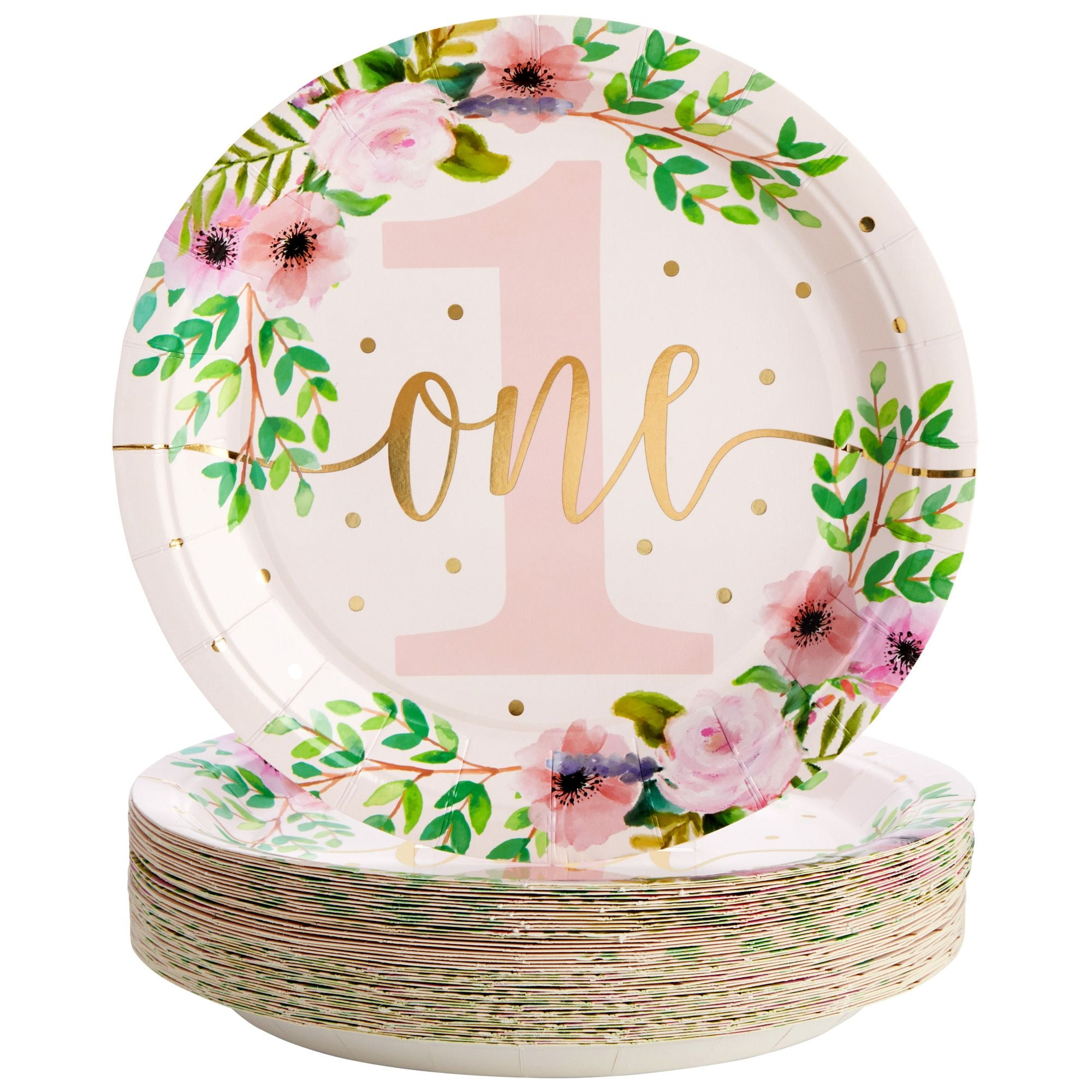 48-Pack Floral Paper Plates for Baby Girls 1st Birthday, First Birthday ...