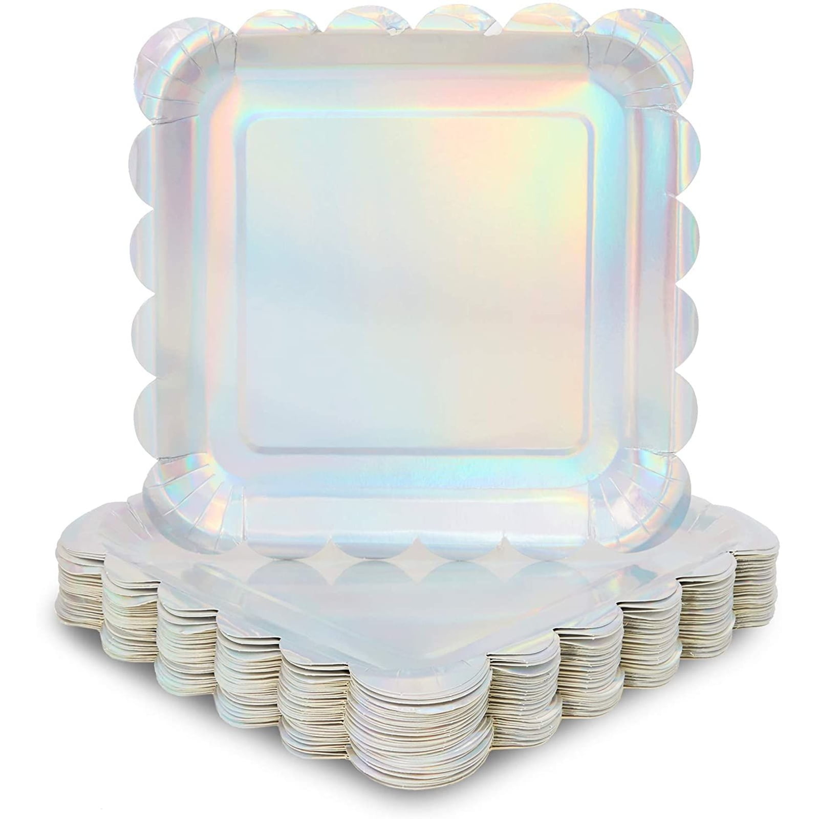 48-Pack Holographic Silver Foil Square Paper Plates, Scalloped Edge (9 ...