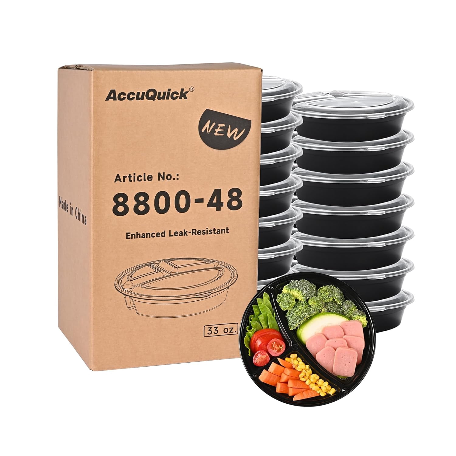 48 Pack Meal Prep Containers, 33 OZ Round Bento Box, 3 Compartment ...