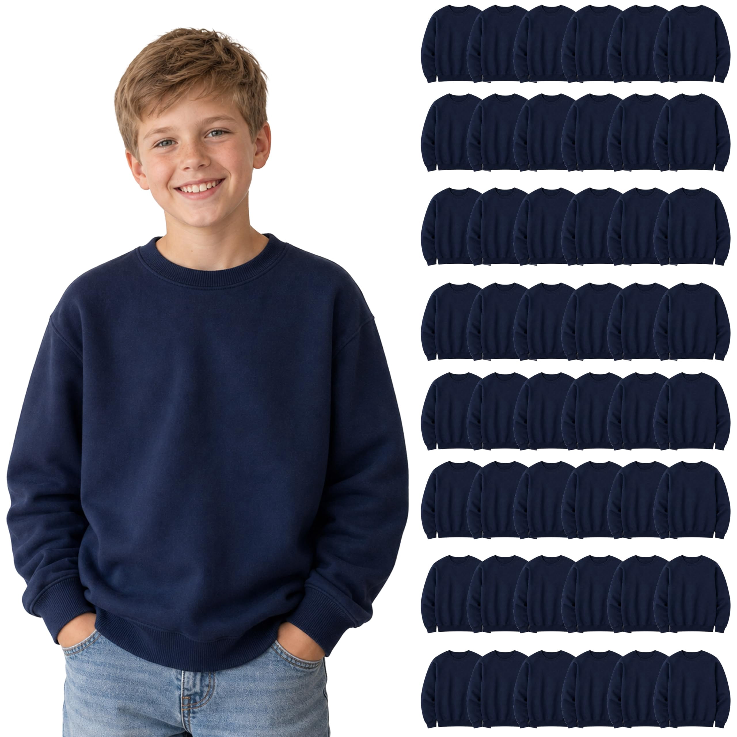 48 Pack Navy Blue Kids Crewneck Sweatshirts, Bulk Youth Fleece Pullover ...