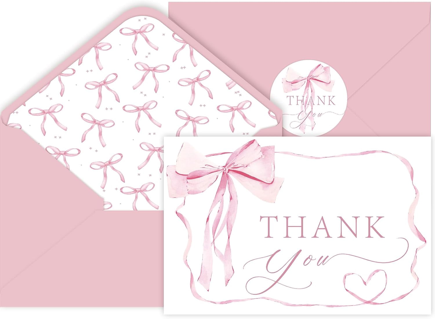 48 Pack Pink Bow Thank You Cards, Bowknot Bridal Shower Greeting Card ...