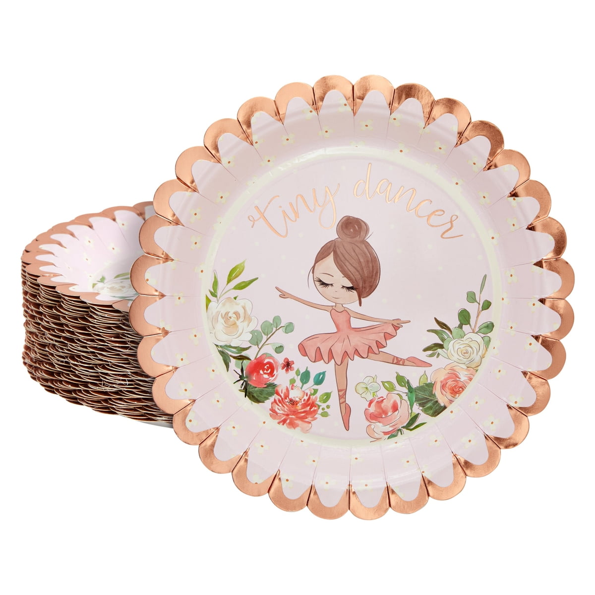 48 Pack Pink Tiny Dancer Ballerina Plates with Scalloped Foil Edges for ...