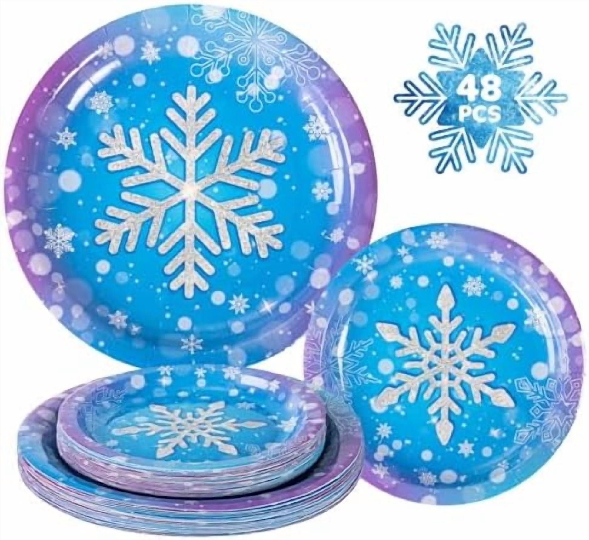 48 Pack Winter Snowflake Plates, Frozen Themed Round Paper Plates Serve ...