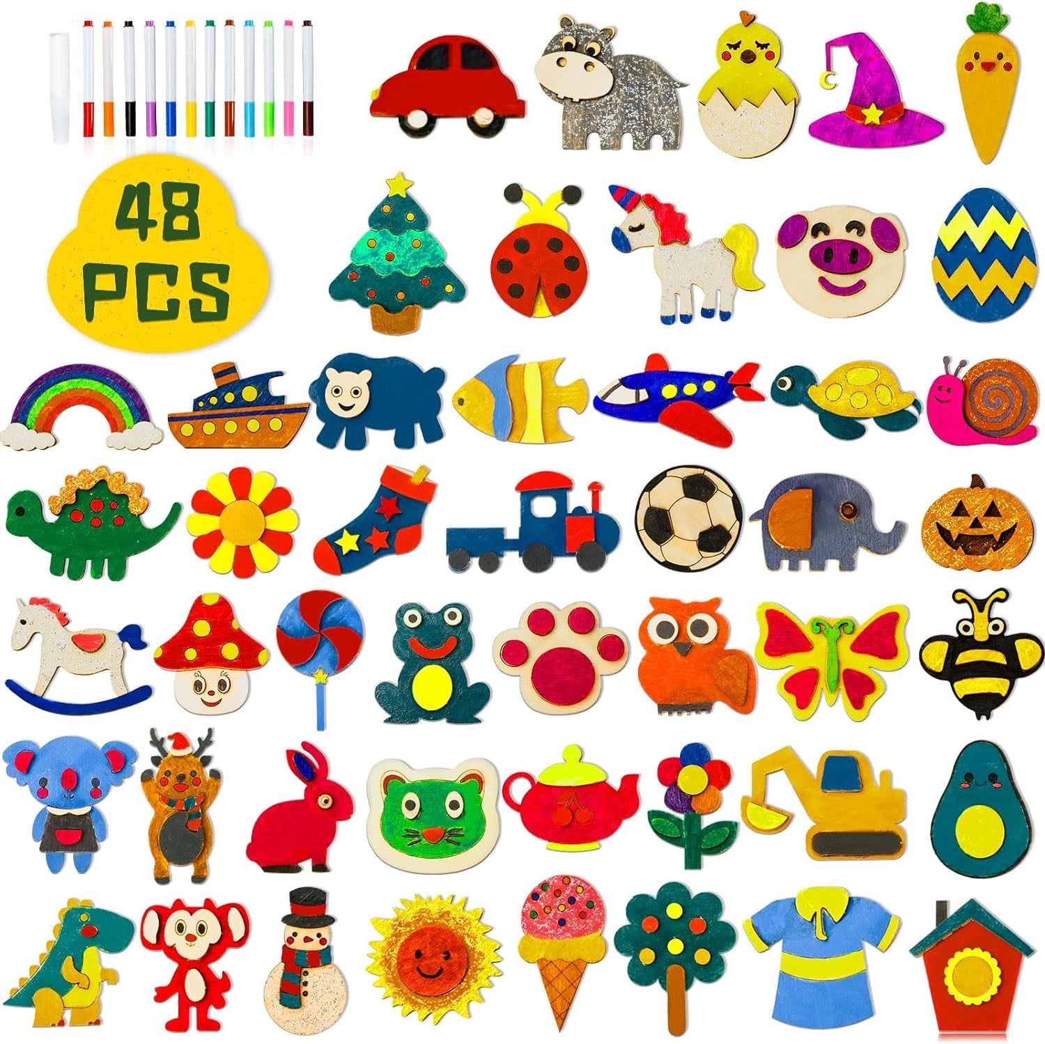 48 Pack Wooden Magnets,DIY Art Craft Painting Kit for Kids Ages 3-12 ...
