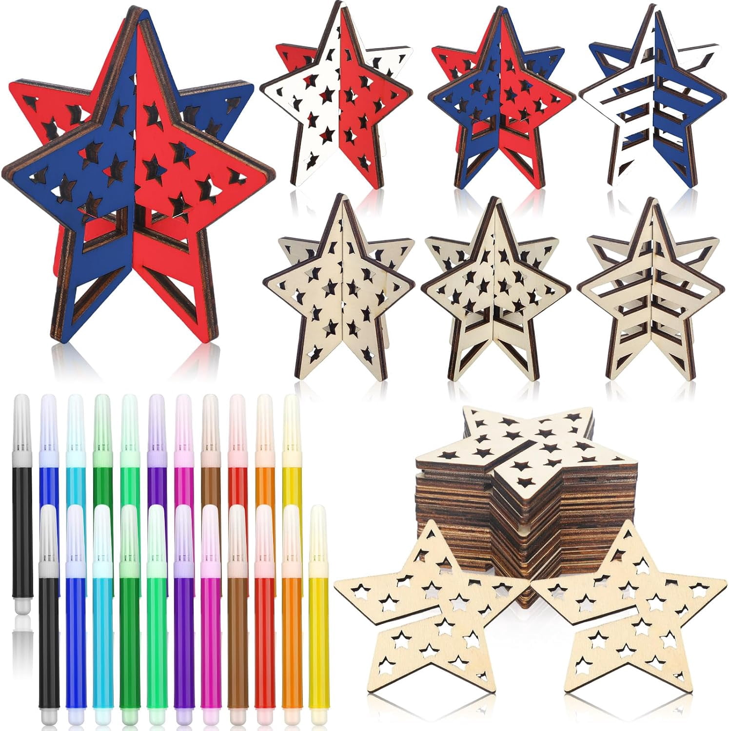 48 Pcs 3D DIY 4th of July Star Wood Crafts for Kid Adult 24 Patriotic ...