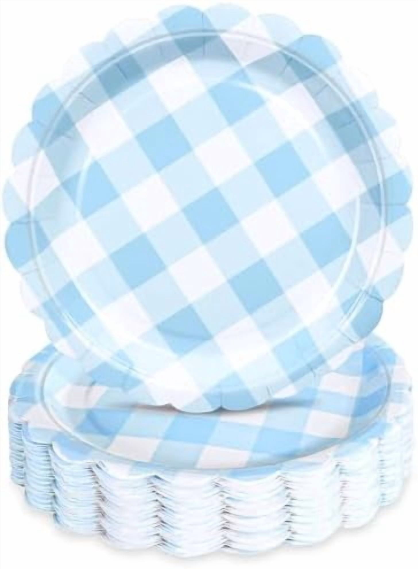 48 Pcs 7" Blue Gingham Paper Plates Light Blue & White Scalloped ...