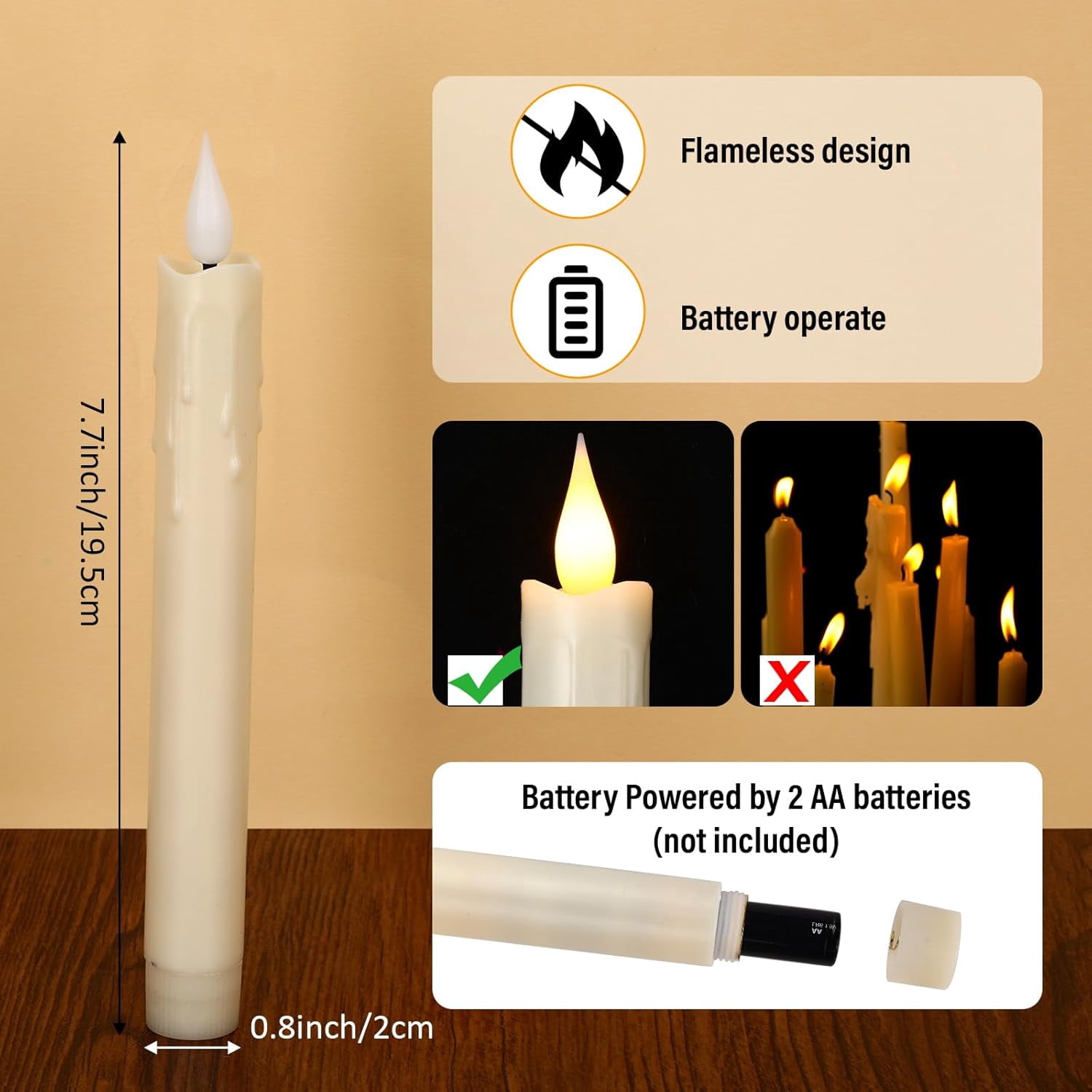 48 Pcs 7.5 Inch Ivory Flameless Taper Candles Electric Fake Candle ...