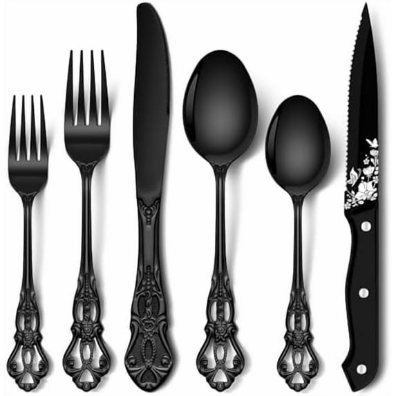 48 Pcs Black Silverware Set with Steak Knives, Gorgeous Retro Royal ...