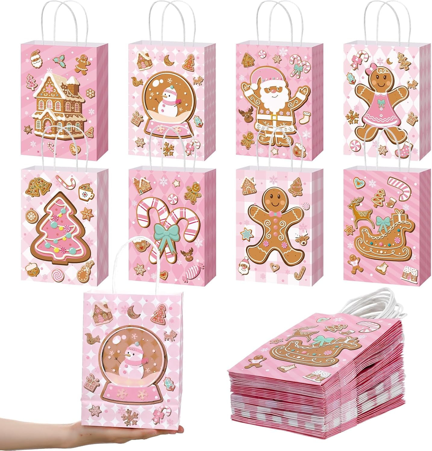 48 Pcs Christmas Paper Gift Bags Pink Gingerbread Man Theme Party Favor ...