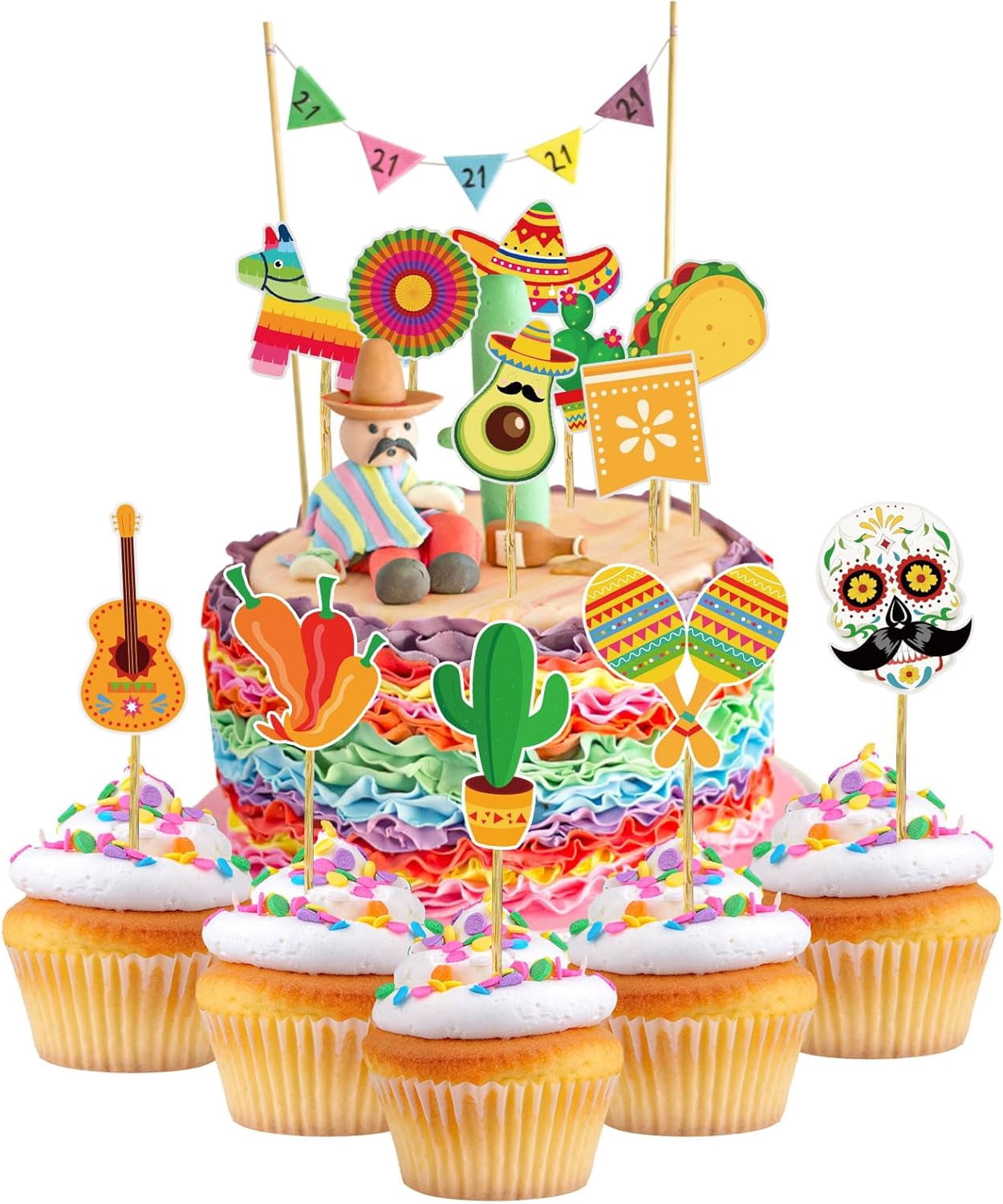 48 Pcs Fiesta Cupcake Topper Mexican Cake Topper Cupcake Decorations ...