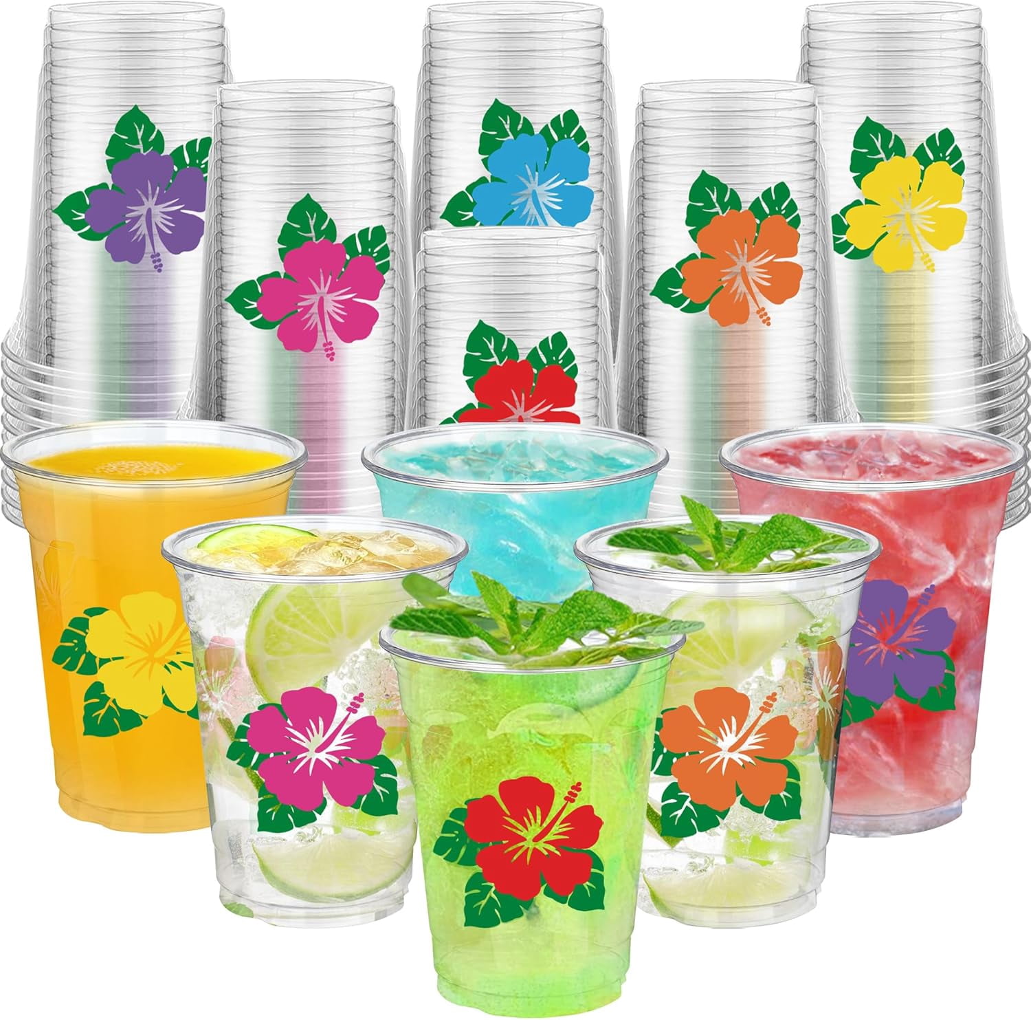 48 Pcs Hawaii Luau Cups 12 oz Plastic Tropical Floral Cups Hawaiian ...