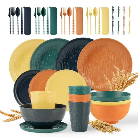 GPED 48 Pcs Imitation Rock Texture Wheat Straw Dinnerware Sets For 4 ...