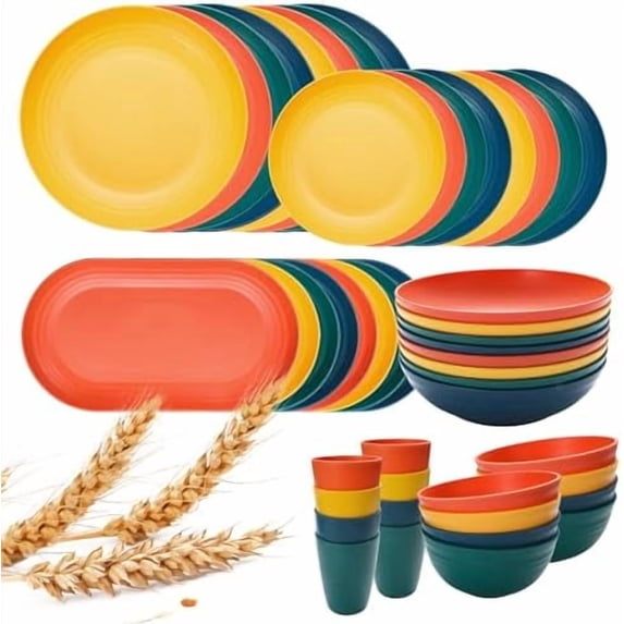 48-Pcs Kitchen Wheat Straw Dinnerware Set, Service for 8, Plastic ...