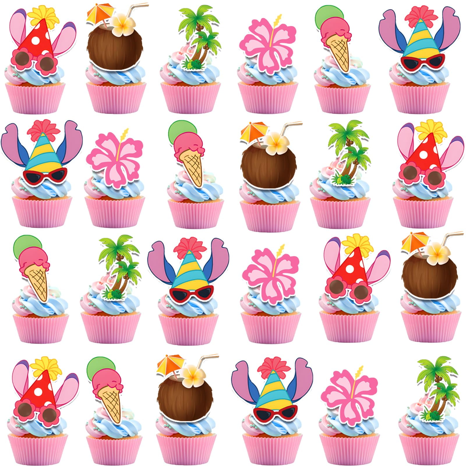 48 Pcs Pink Cartoon Animation Luau ITL1 Party Cupcake Toppers for ...