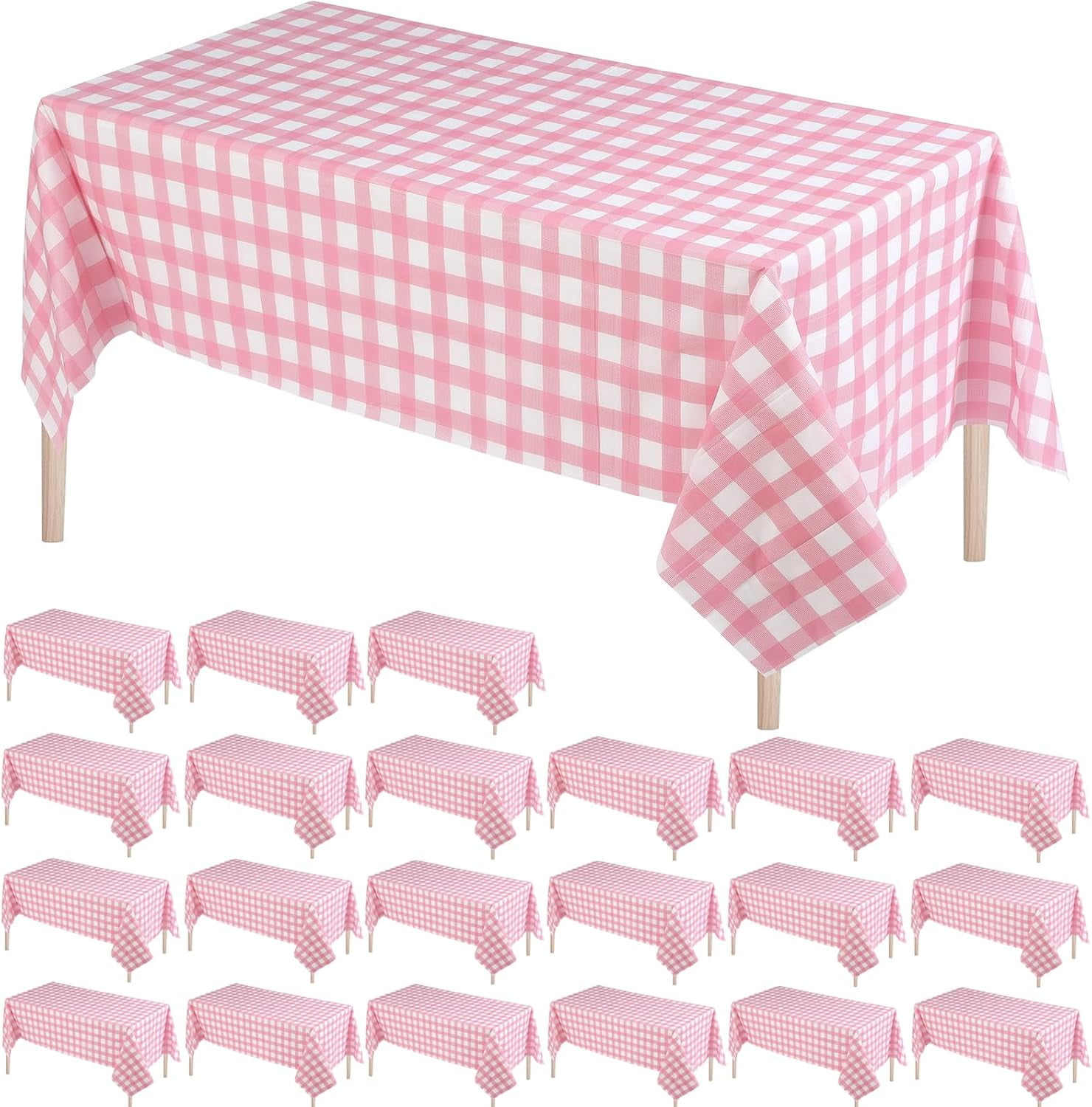 48 Pcs Pink Gingham Tablecloth Plastic Pink and White Checkered Picnic ...
