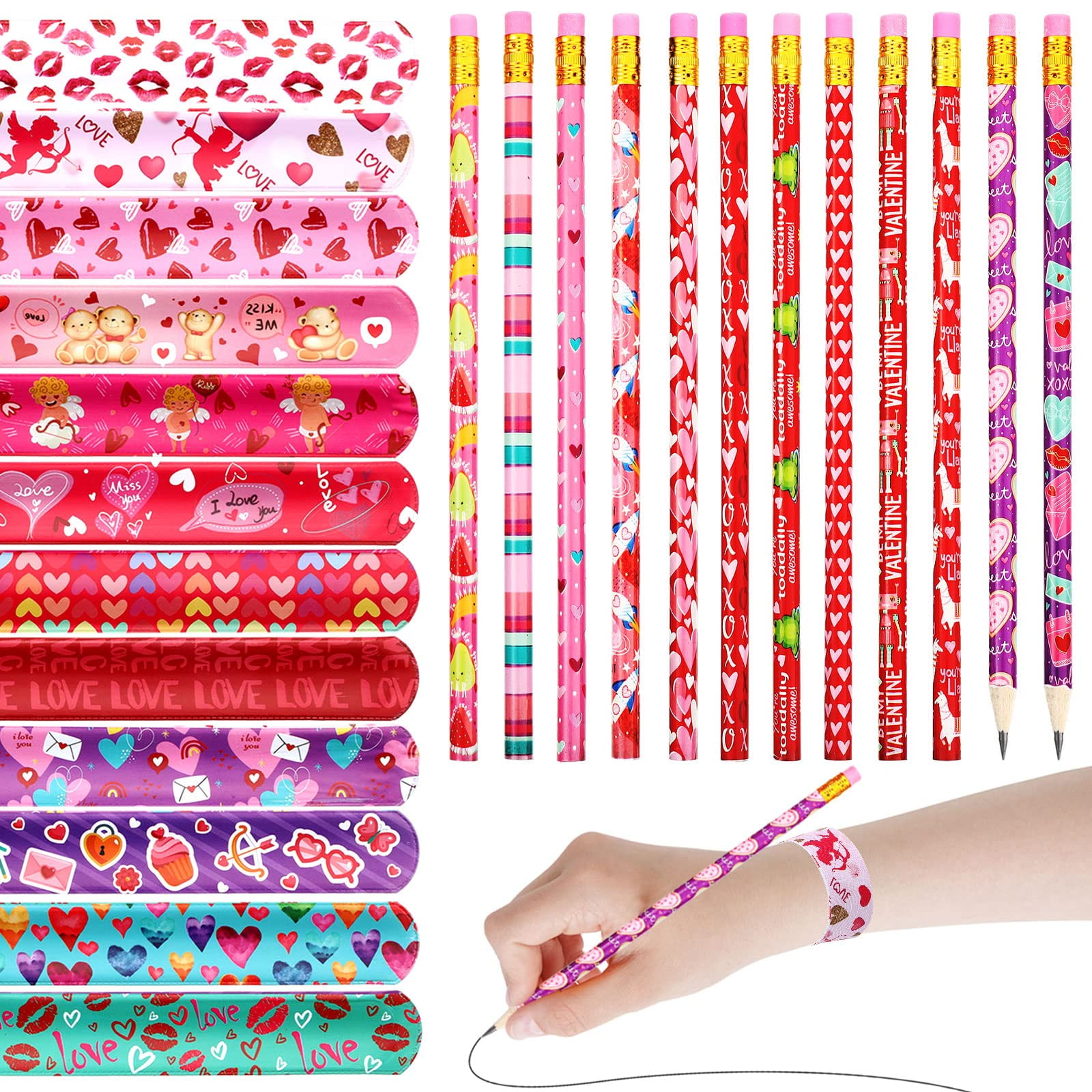48 Pcs Valentine's Day Pencils Slap Bracelets Set 24 Valentines Pencil ...