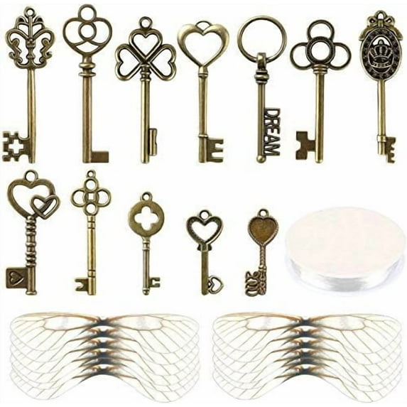 48 Pcs Vintage Skeleton Keys Flying Keys Charms with 50 Pairs Dragonfly ...