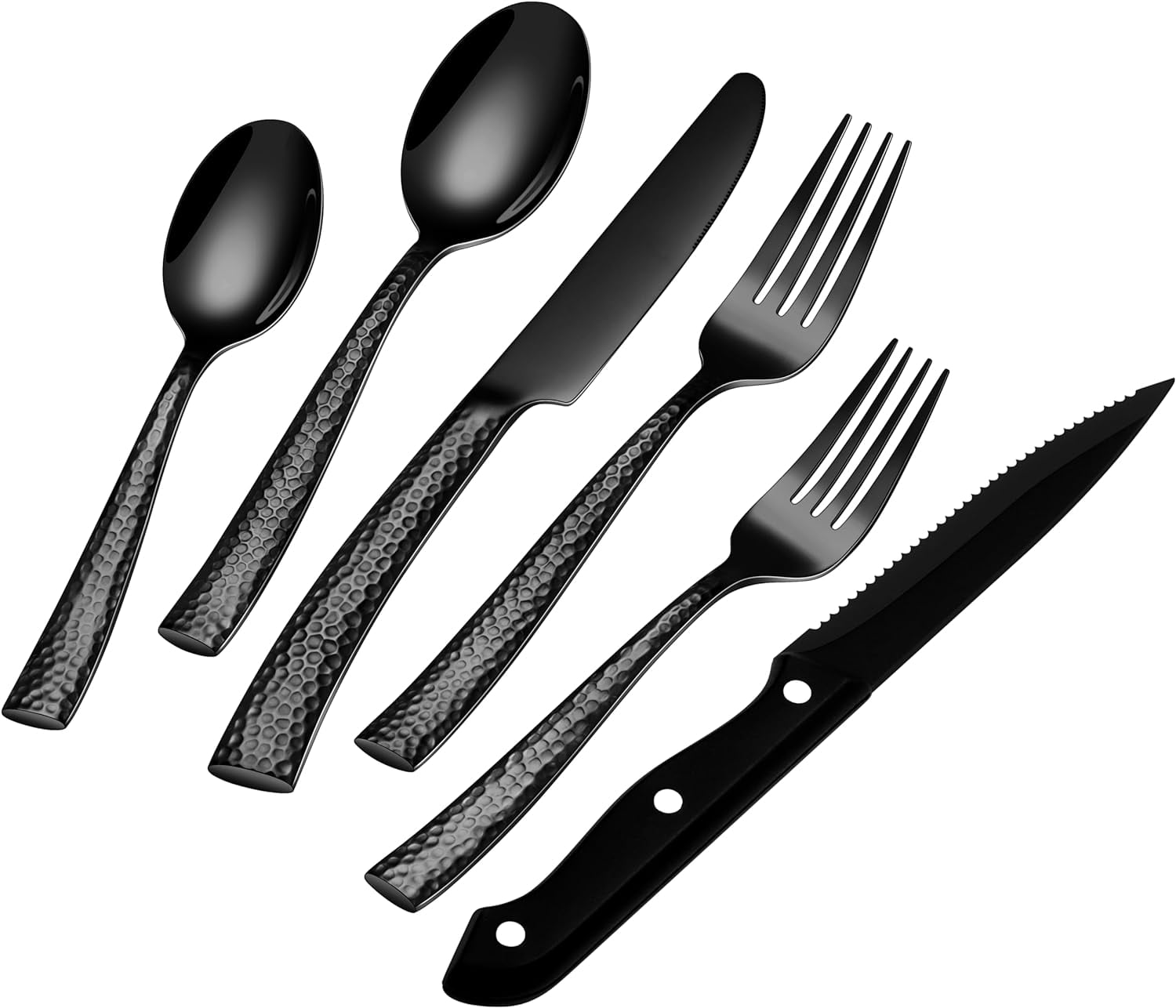 48-Piece Black Hammered Silverware Set for 8, Stainless Steel Flatware ...
