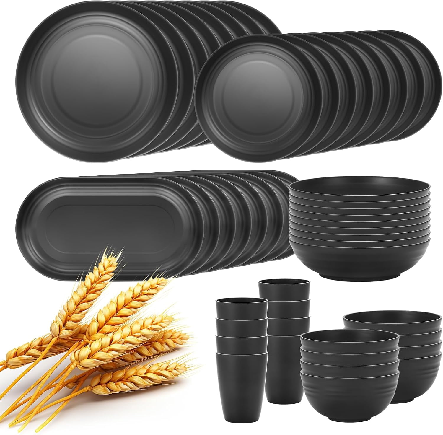 48-Piece Black Kitchen Wheat Straw Dinnerware Set for 8 People ...