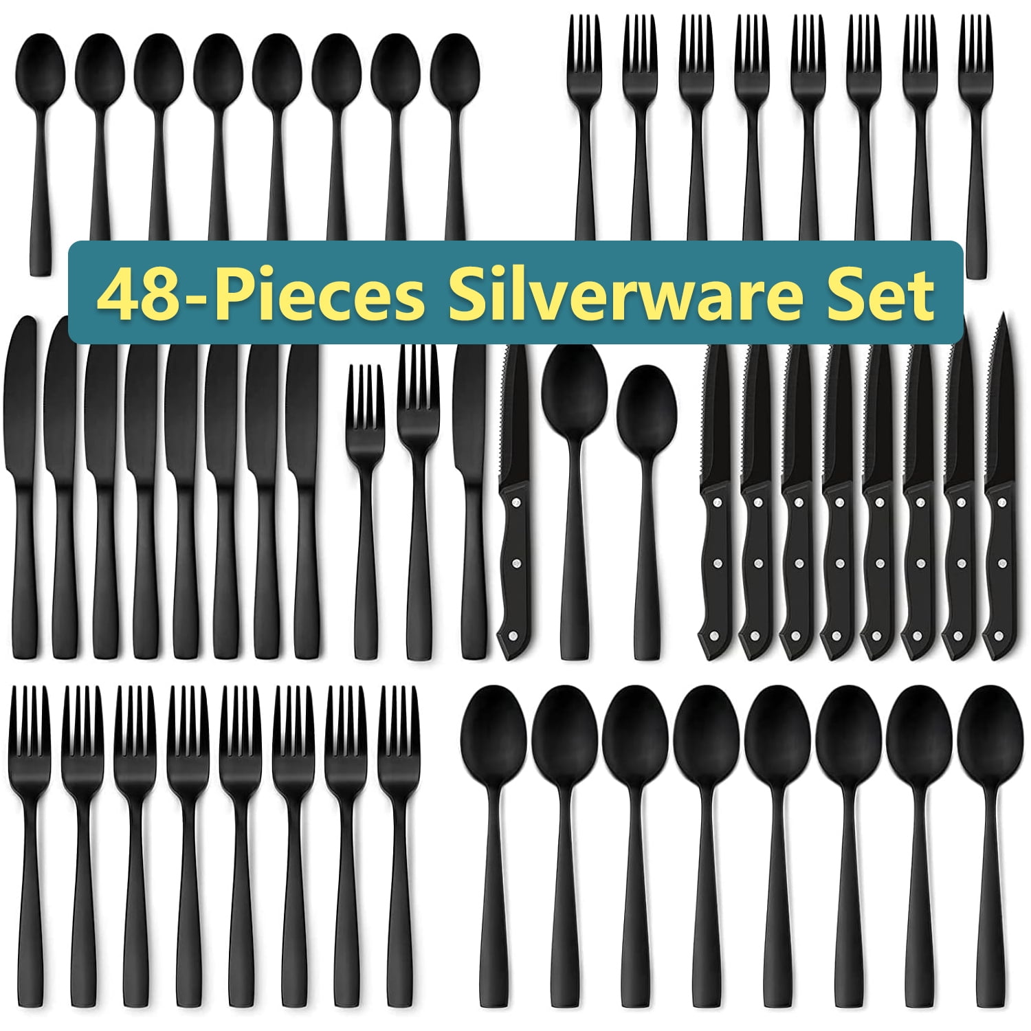 48-Piece Matte Black Silverware Set with Steak Knives, Black Flatware ...