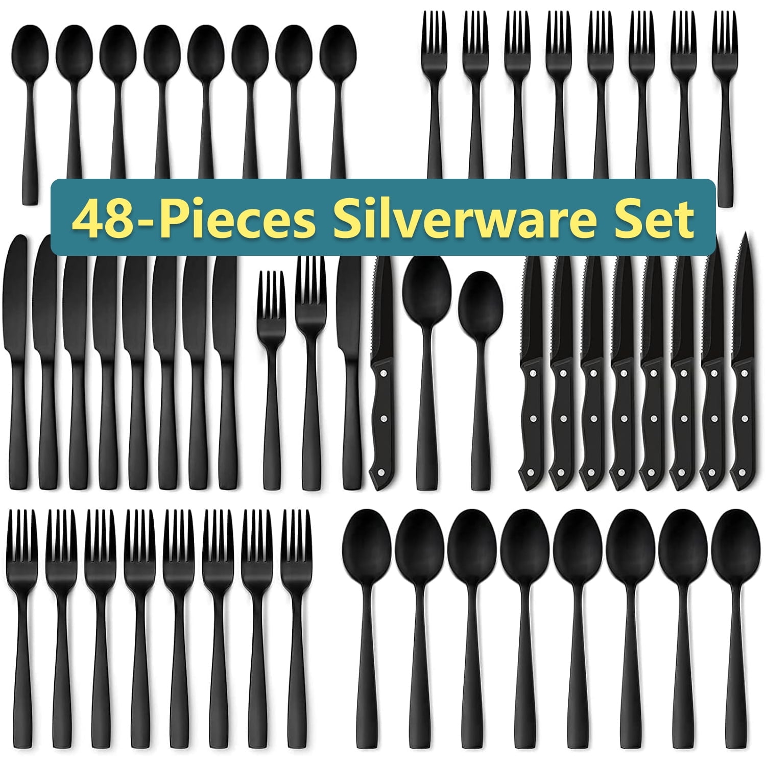 AOKIWO 48-Piece Black Silverware Set with Steak Knives for 8 Stainless ...