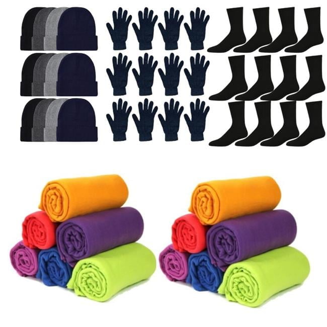 48 Piece Winter Homeless Care Kit Package Gloves, Beanie, Sock, Blanket ...